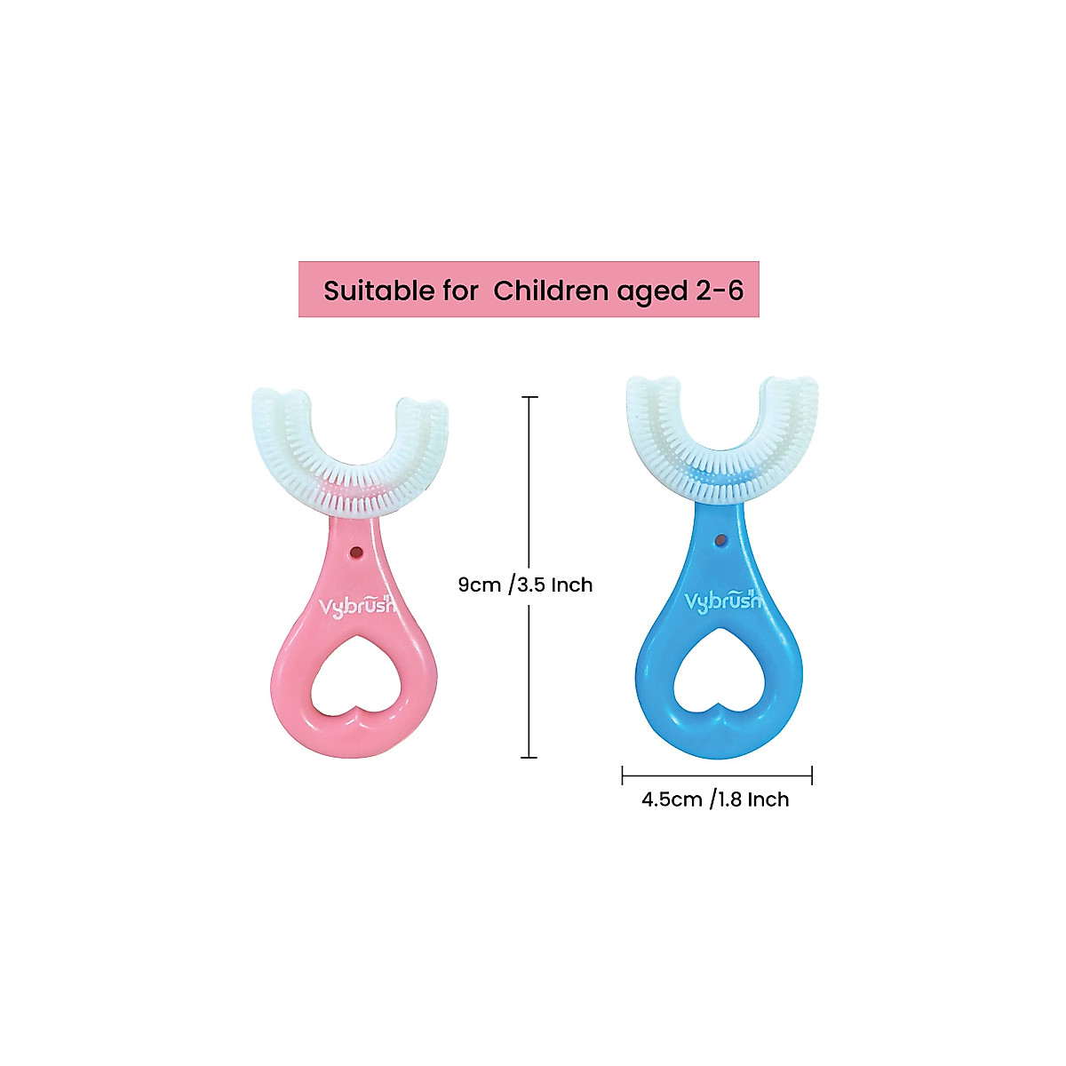 Vybrush U Shaped Toothbrush Kids 2-6 Whole Mouth Infant Toothbrush with 360° Food Grade Silicone Head and a Shampoo Toddler Brush Massager in Cool Pink & Blue Heart Styles in a Giftable Pack