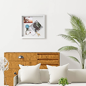 Muzilife 10x10 Shadow Box Picture Frame with Linen Board - Deep Wood & Glass Display Case Ready to Hang Memory Box Baby Sports Memorabilia, Pins, Awards, Medals, Wedding, Tickets and Photos (White)