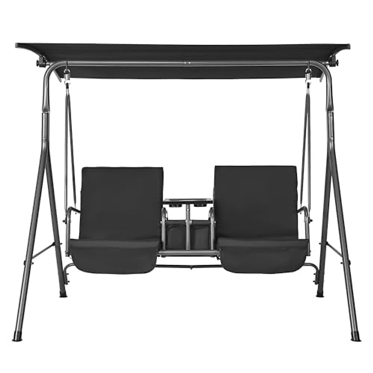 VEVOR 2-Seat Patio Swing Chair, Outdoor Patio Swing with Adjustable Canopy, Porch Swing with Storage Bag and Rotating Tray, Oxford Fabric and Alloy Steel Frame, for Balcony, Backyard, Poolside, Black