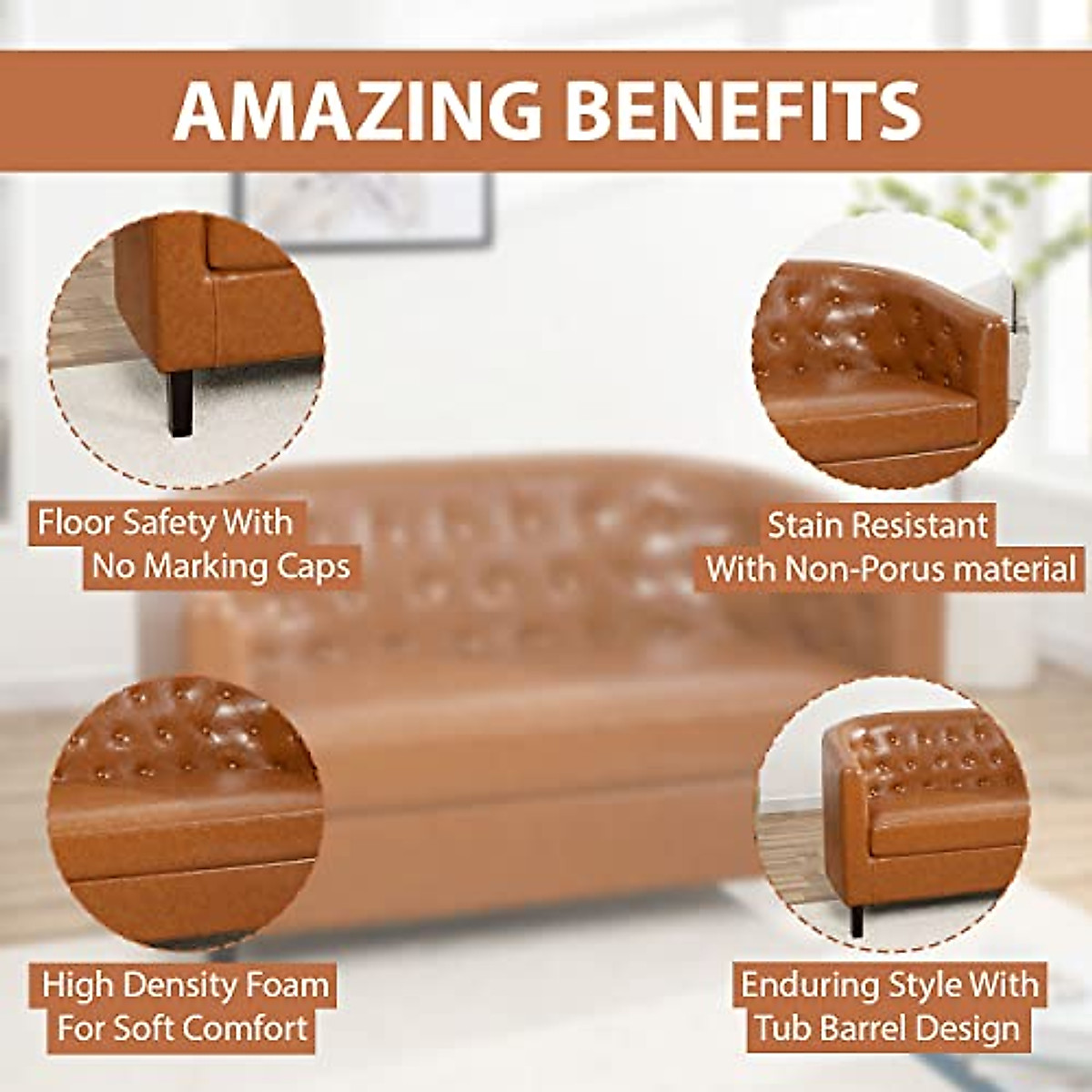 Emma Love Seat, Button Tufted Faux Leather Barrel Loveseat, Midcentury Modern 2 Seater Sofa Couch, Small Loveseat for Small Spaces, Bedrooms, Couches for Living Room, Easy Tool-Free Assembly - Caramel