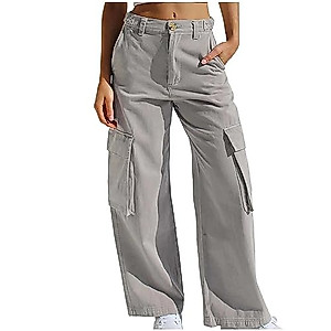 KCaHFO Cargo Pants Women Casual Loose High Waisted Straight Wide Leg Baggy Pants Combat Military Trousers with Pockets Gray