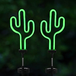 Bannad Solar Garden Stake Lights Outdoor Pathway Light for Lawn Patio Yard Walkway Neon Green Cactus Lighting, 2 Pack