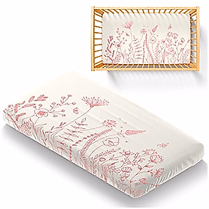 Carlsbad Linen Company Breathable Muslin and Silky Soft Bamboo Fitted Crib Sheet Ultimate Quality for Baby Boy or Girl Toddler (52"x28"x7") Cream and Pink Grass Flower Silhouette