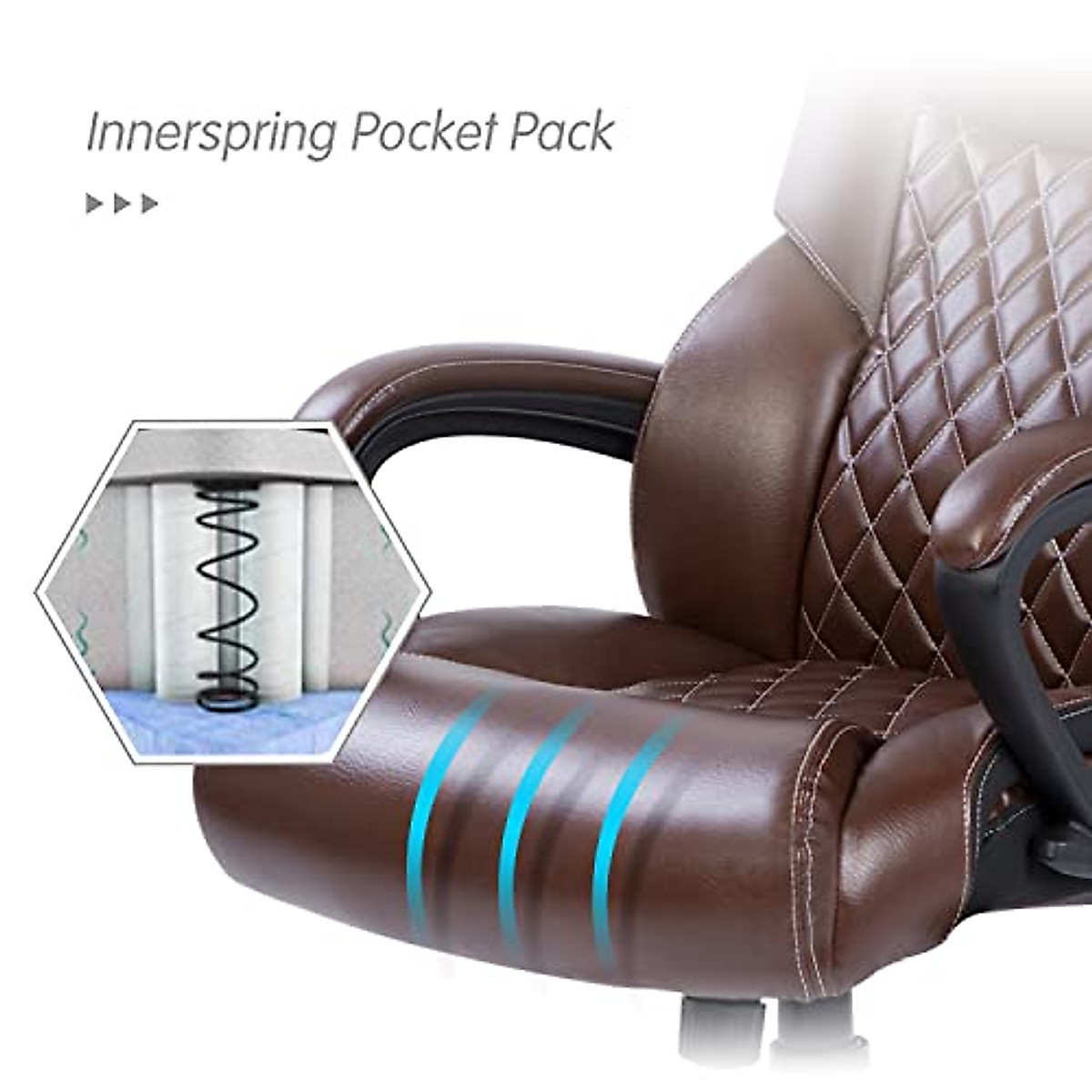 Executive Office Chair 350lbs - Adjustable Built-in Lumbar Support, Leather Office Chair with Spring Cushion, Computer Desk Chair with Padded Armrest, 360° Swivel Chair for Home and Office (Brown)