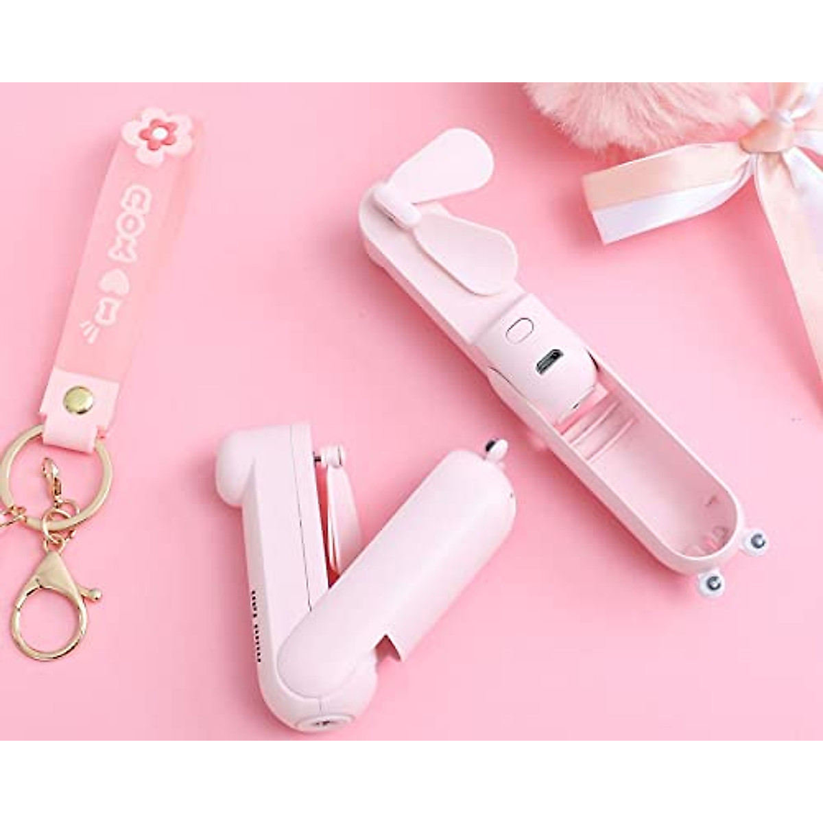 Handheld Mini Fan, 3 IN 1 Hand Fan, Portable USB Rechargeable Small Pocket Fan, 500Mah Battery Operated Foldable Fan with Keychain, Flashlight Feature for Women,Travel,Outdoor White Rabbit