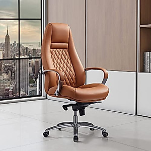 Genuine Leather Office Chair with High Back Aluminum Swivel Base Ergonomic Synchro-Tilt Reclining Mechanism Real Leather Executive Chair-Brown
