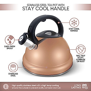 ELITRA HOME Whistling Tea Kettle Stainless Steel Tea Pot for Stovetop with Stay Cool Handle 3.1 Quart / 3 Liter Rose Gold