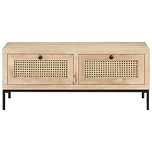 QJBSAVVA Coffee Table 35.4"x19.7"x14.6" Solid Mango Wood and Natural Cane,Entrance Table Tray Tables Center Table Low Table Suitable for Meeting Rooms, Reception Rooms, Offices