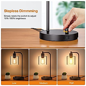yotutun - Set of 2 Industrial Table Lamps with 2 USB Port, Black Bedside Lamps, Fully Dimmable Nightstand Desk Lamp for Reading Bedroom Living Room, Glass Shade & 2 LED Bulbs Included