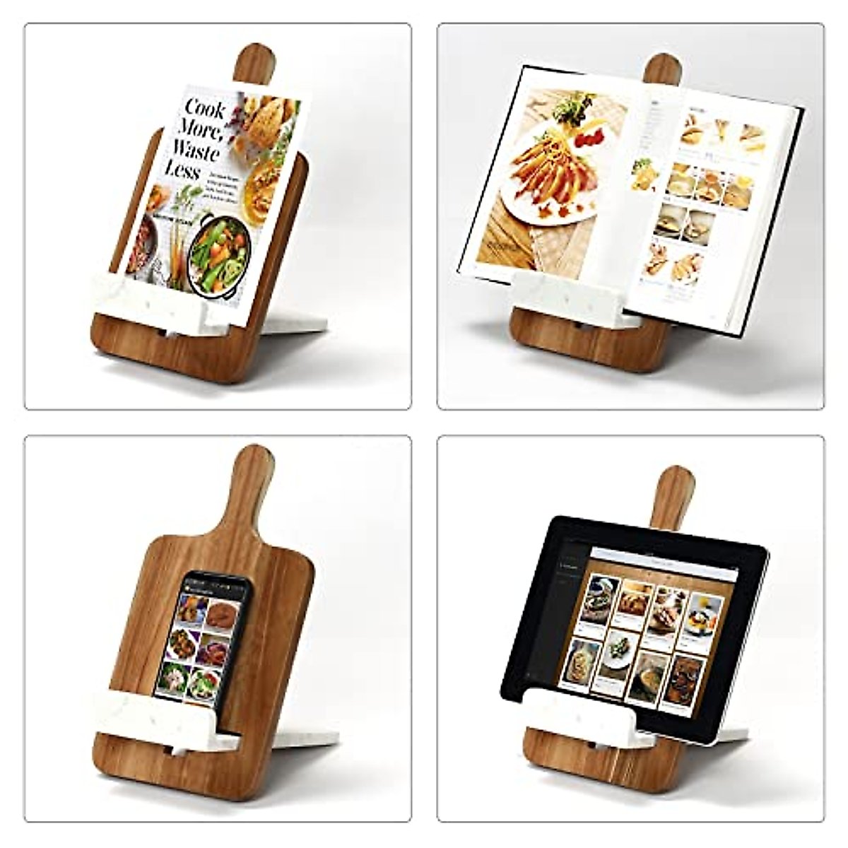 EVERBBKING Cookbook Stand，Acacia Wood Cutting Board Style Cookbook Holder for Kitchen Counter Adjustable iPad Tablet Recipe Book Stand with Marble Base