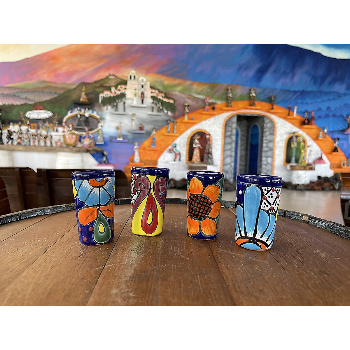 MEXTEQUIL - Talavera Shot Glasses Set of 4 Authentic Mexican Tequila Shot Glasses - Hand-painted - 2 Oz (Flowers)