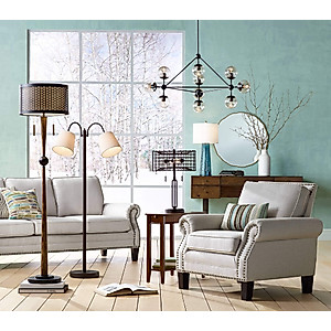 360 Lighting Seneca Modern Standing Floor Lamp 56" Tall Dark Bronze Brown Twin Arm Adjustable Gooseneck Neutral Cotton Drum Shade for Living Room Reading House Bedroom Home