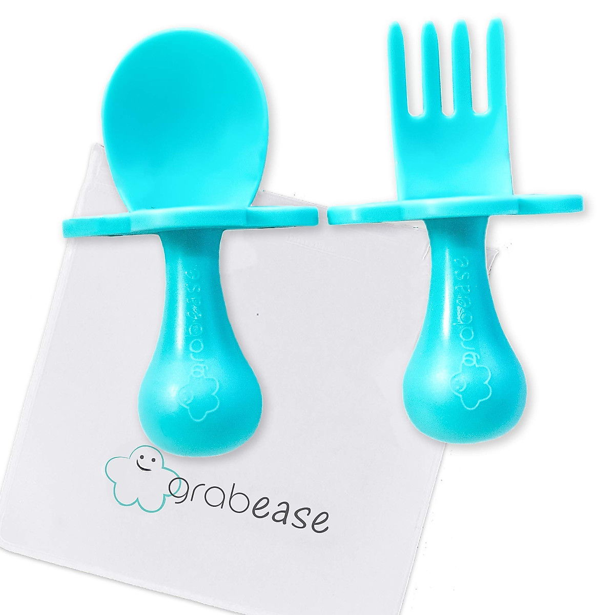 Grabease Bundle of Baby Utensils Set of Fork and Spoon with Suction Baby Bowl for Toddlers for Baby Led Weaning (Teal)