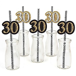 Adult 30th Birthday - Gold - Paper Straw Decor - Birthday Party Striped Decorative Straws - Set of 24