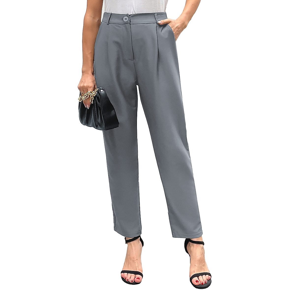 GRACE KARIN Women Casual Work Pants with Pockets Elastic Waist Pants Blue Grey M