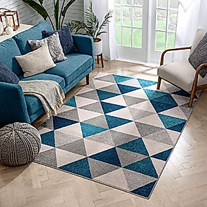 Well Woven Isometry Blue & Grey Modern Geometric Triangle Pattern Area Rug 7'10" x 9'10" Soft Shed Free Easy to Clean Stain Resistant