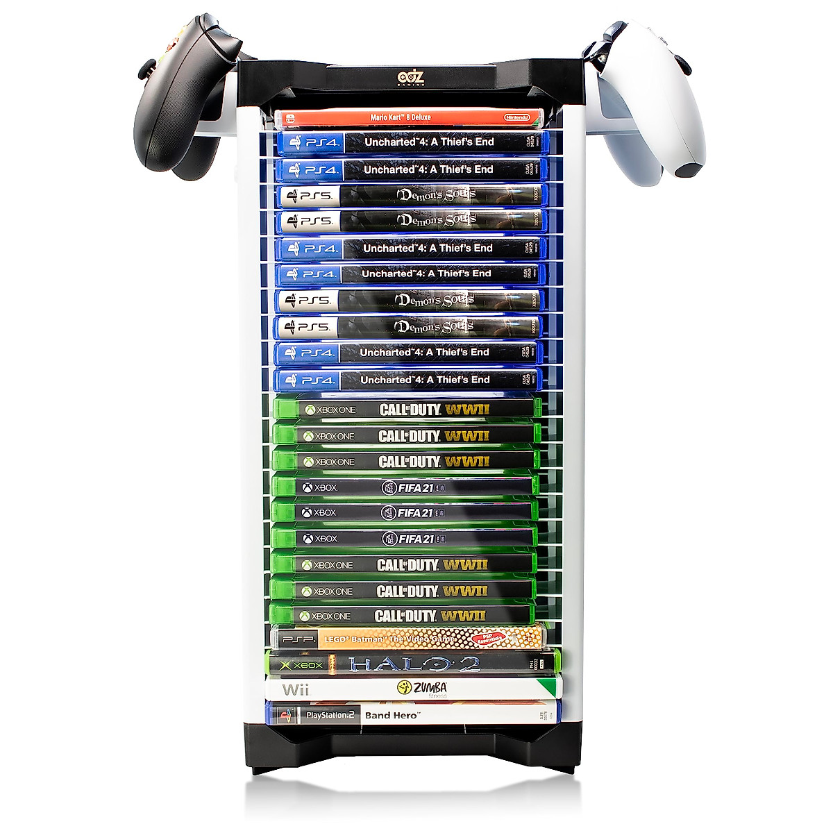 ADZ Universal Game Holder – 23 Game Storage Tower Rack for PS2 PS3 PS4 PS5 PSP Xbox 360 Xbox One Series X Wii Switch Games DVD and Blu-Ray Disks. Includes 2 Controller Mounts