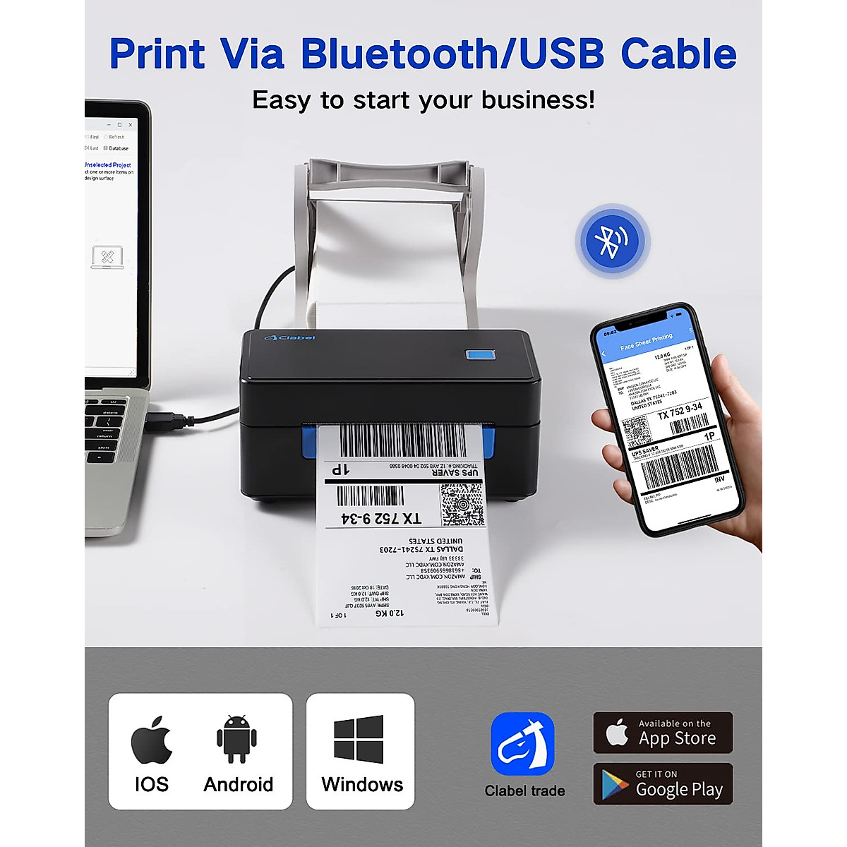 CLABEL Bluetooth Shipping Label Printer,4x6 Thermal Label Printer for Small Business Shipping Packages, Compatible with Amazon, Ebay, Etsy, Shopify, FedEx, UPS, etc, Support Windows,Mac CT428S