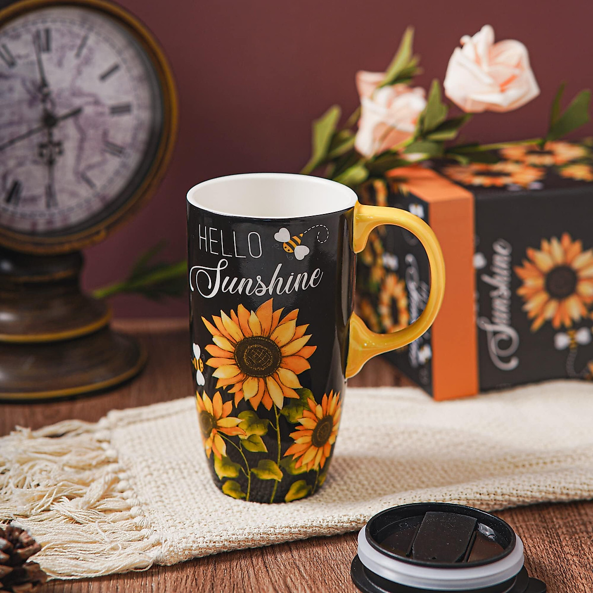 Topadorn Ceramic Coffee Mug Gift for Home & Office, 17oz. Porcelain Latte Travel Cup with Lid and Color Box, Sunflower Art Tea Mug with Handle, 6.5" H