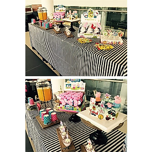 2 Pcs Disposable Black White Stripe Plastic Tablecloth, 108 Inch x 54 Inch Ractangle Tablecover, for Party, Dance and Picnic (2pcs- Black White Stripe)