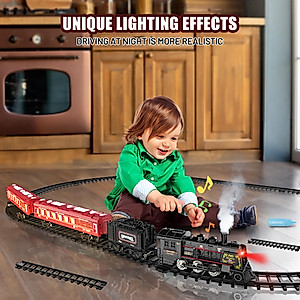 Hot Bee Train Set - Model Train Toys w/Glowing Passenger Carriages, Steam Locomotive & Tracks, Metal Electric Trains w/Smoke, Sound & Light, Toy Train for 3 4 5 6 7+ Years Old Boys Birthday Gifts