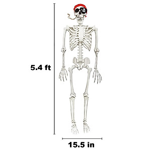 5.4Ft/165cm Life Size Skeleton Halloween Decor, Posable Poseable Human Pirate Skeleton, Full Size Skeleton with Posable Joints Bandana Eye Patch for Halloween Party Outdoor Haunted House Decor