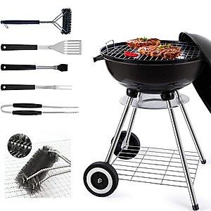 18 Inch Portable Charcoal Grill with Accessories for Outdoor Cooking Barbecue Camping BBQ Coal Kettle Grill - Mini Grill with Grilling Utensil Includes Tongs, Spatula,Fork,Basting Brush, Scraper