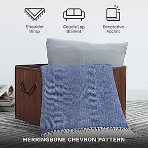 Herringbone Blanket - Chevron Pattern - Turkish Boho Chic - Soft Woven Throw Blanket with Decorative Fringe - Lightweight for Bed, Sofa, Chair, Office, Outdoor - 50 x 60 in. (Navy Blue)