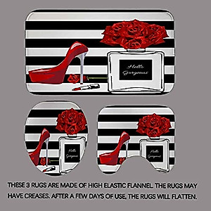 Dia Magico 4PCS Red High Heels Shower Curtain Set, Black White Striped Hello Gorgeous Perfume Lipstick Cosmetic Makeup Rose Flower Romantic Women Bathroom Decor Fabric Shower Curtain Non-slip Bath Mat