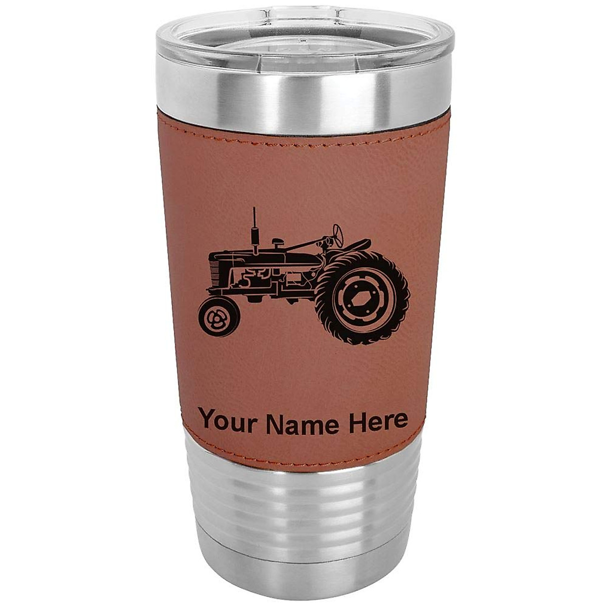 LaserGram 20oz Vacuum Insulated Tumbler Mug, Old Farm Tractor, Personalized Engraving Included (Faux Leather, Dark Brown)