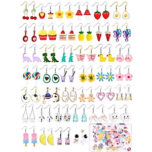 40 Pairs Cute Weird Earrings Funny Earrings Milk Tea Strawberry Mushroom Cloud Flowers Dinosaur Egg Dangle Earrings for Women Girls