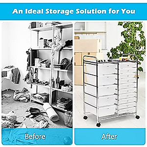 KOTEK 15-Drawer Rolling Storage Cart, Multipurpose Mobile Utility Cart with 4 Wheels, Home Office School Tools Scrapbook Paper Organizer (Clear)