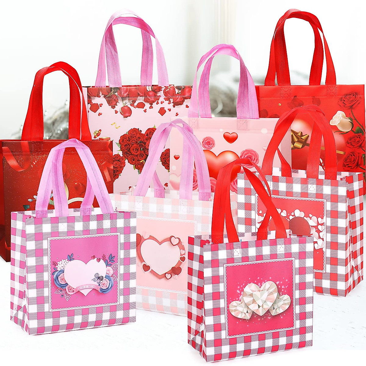 16PCS Happy Valentines Day Reusable Gift Bags, Treat Bags with Handles, Valentines Day Party Bags, Multifunctional Non-Woven Valentines Bags for Gifts Wrapping, Valentines Party Supplies, 8.7×9.2×4.3inch