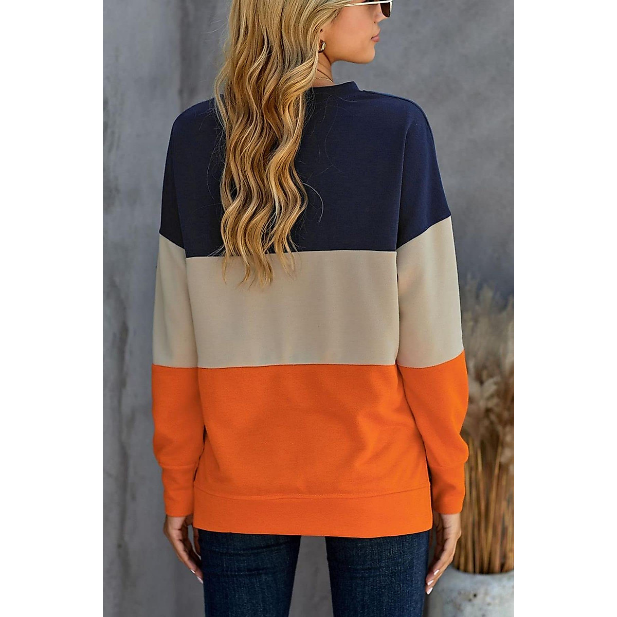 CNFUFEN Woman Fashion 2023 Long Sleeve Shirts Color Block Pullover Sweatshirt Ladies Crewneck Sweatshirts Fall Clothes for Women Orange M