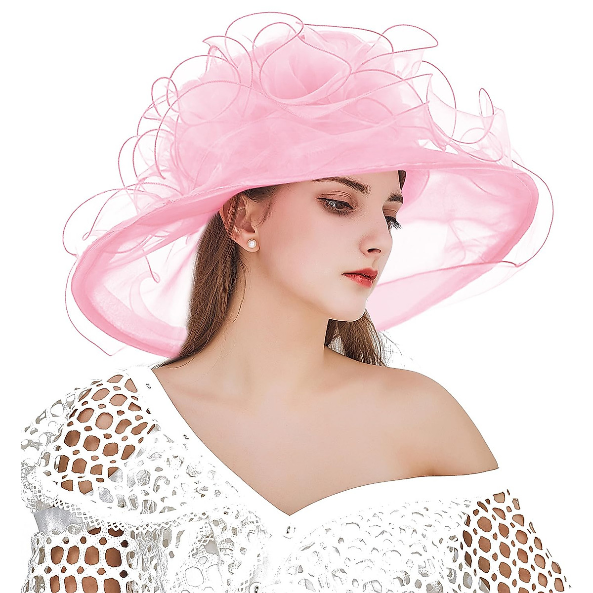 ELLYDOOR Fascinator Wedding Derby Hats for Women Bridal Organza Church Tea Party Hat Wide Brim Sun Hat (Pink)