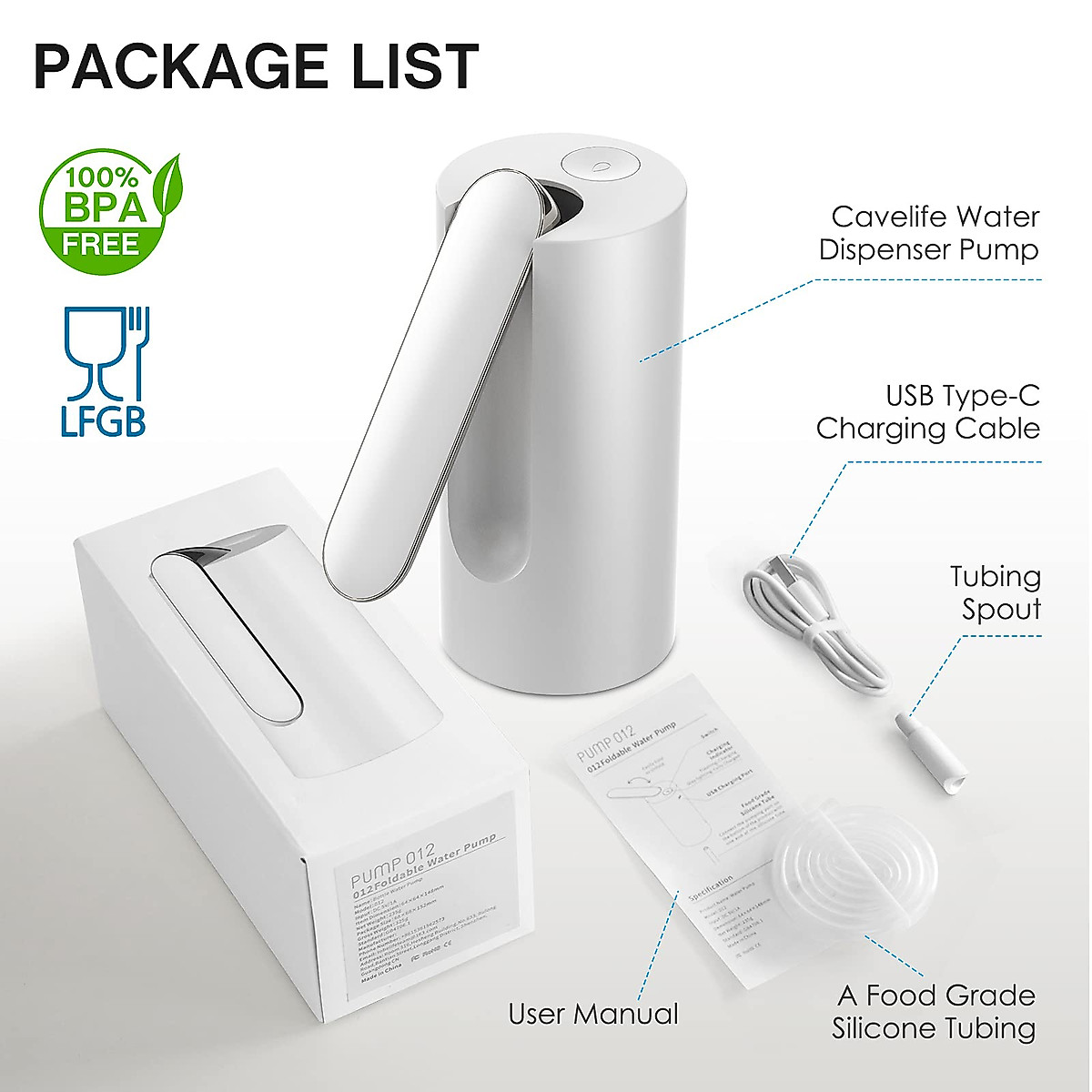 Water Dispenser, 5 Gallon Water Dispenser, Rechargeable Water Pump for 5 Gallon Bottle for Home, Office & Outdoor (White)