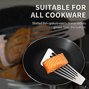 2pcs Fish Spatula, Broppiey heavy duty Stainless Steel Metal Spatulas for Cast Iron Skillet, Griddle, Flat Top Grill, Slotted Fish Turner Spatula Can Flipper Egg Pancake Hamburger, Hanging Hole Black