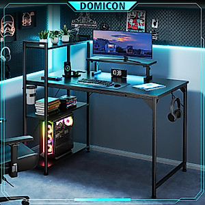 OMICON Computer Desk with LED Light, 42-55 Inch Gaming Desk with Reversible Storage Shelves, Office Desk with Power Outlets Corner Desk for Home Office, Small Space Desk Black Carbon Fiber (42)