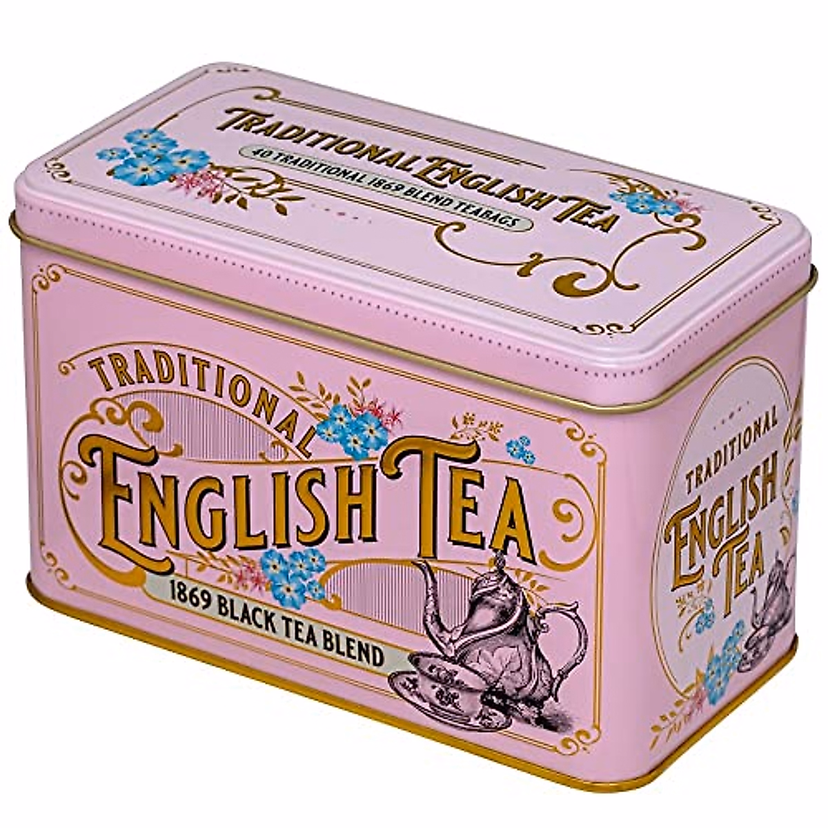 New English Teas Vintage Victorian Tea Tin with 40 Fine 1869 Blend English Teabags (Pink)