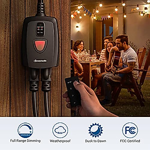 DEWENWILS Dusk to Dawn Dimmer, Outdoor Dimmer for String Light with Remote Dimmer Switch, 100FT Range, Compatible with Dimmable LED/Tungsten Bulbs, FCC Certified