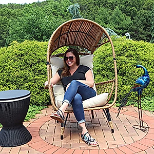 Sunnydaze Shaded Comfort Wicker Outdoor Egg Chair with Legs - Plush Polyester Cushion - 250-Pound Weight Capacity - for Patio, Front Porch, or Backyard - Beige