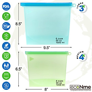 Reusable Food Storage Bags (9 Pieces) Dishwasher Safe Silicone Bags; Silicone Food Bag in Reusable Zip Style — Microwave Safe Reusable Snack Bags/Reusable Freezer Bags — Bags for Sous Vide