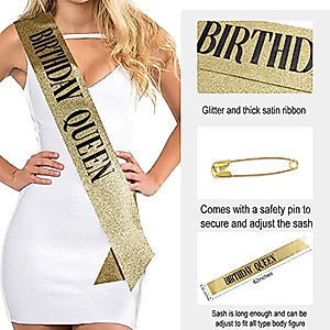 SuPoo Gold Birthday Crown and Sash Kit Birthday Sash for Women Green Birthday Tiara for Women Rhinestones Golden Crown with Comb