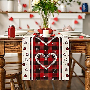 Artoid Mode Buffalo Plaid Love Hearts Mother's Day Table Runner, Seasonal Kitchen Dining Table Decoration for Indoor Home Party 13x72 Inch