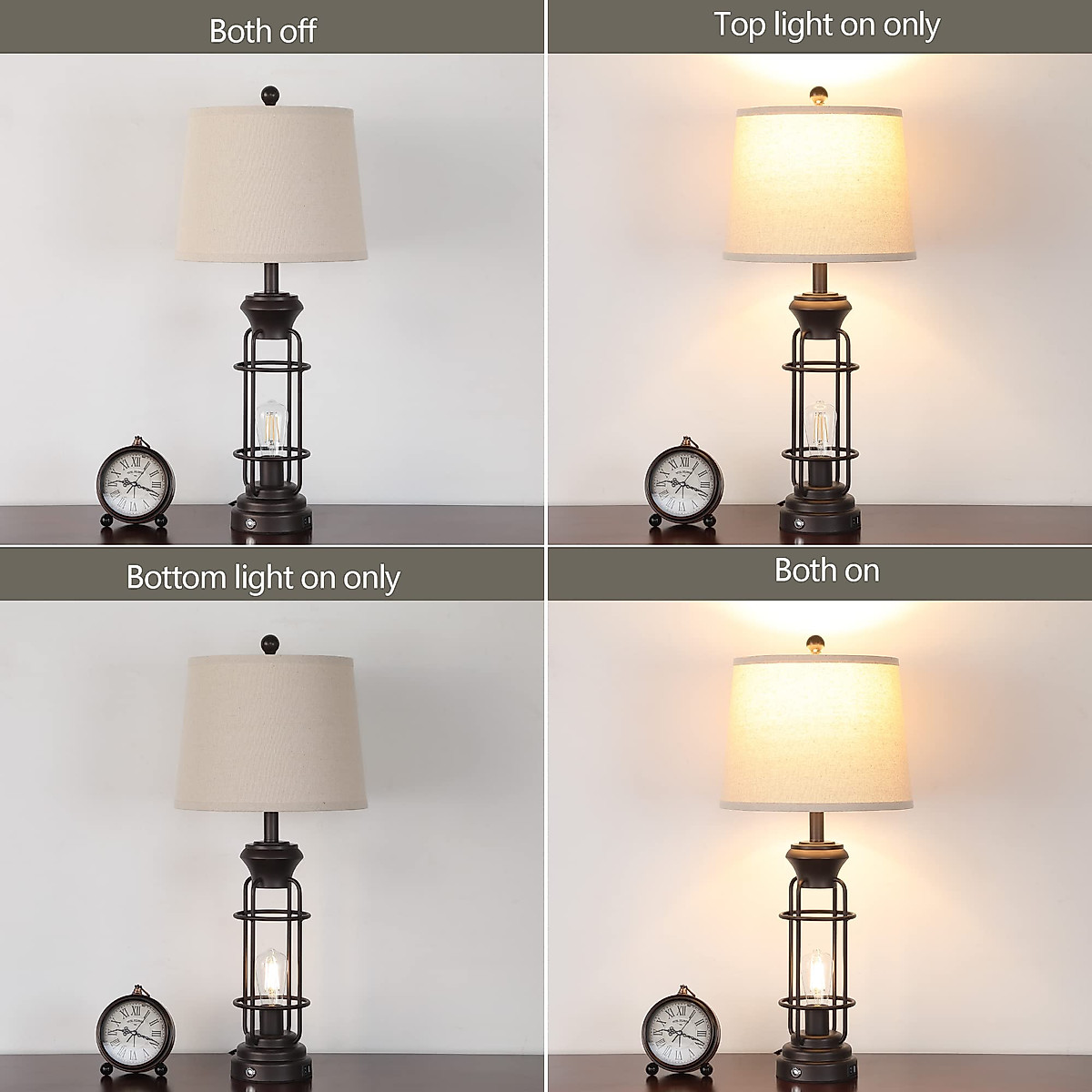Table Lamp for Living Roon Set of 2, 29.3" Tall Farmhouse Table Lamp with 2 Nightlight Bulbs, Oil Rubbed Bronze Bedside Lamp with White Oatmeal Lampshade for Living Room Bedroom, Bulbs Included