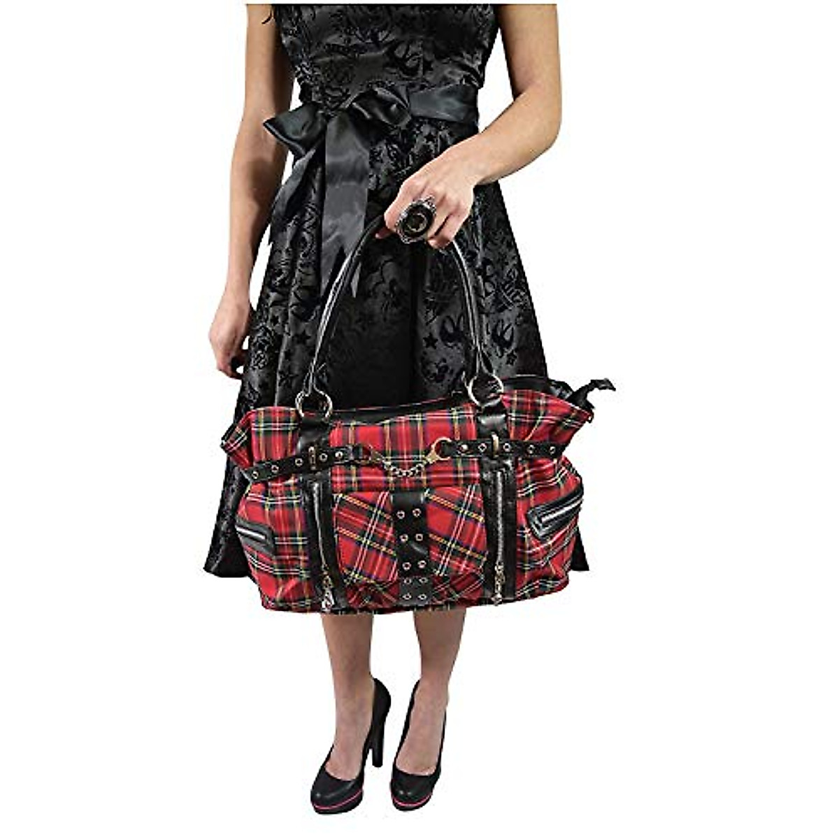 Lost Queen Red Royal Stewart tartan Plaid Punk Rock Purse with Handcuff Skull Charm, Large