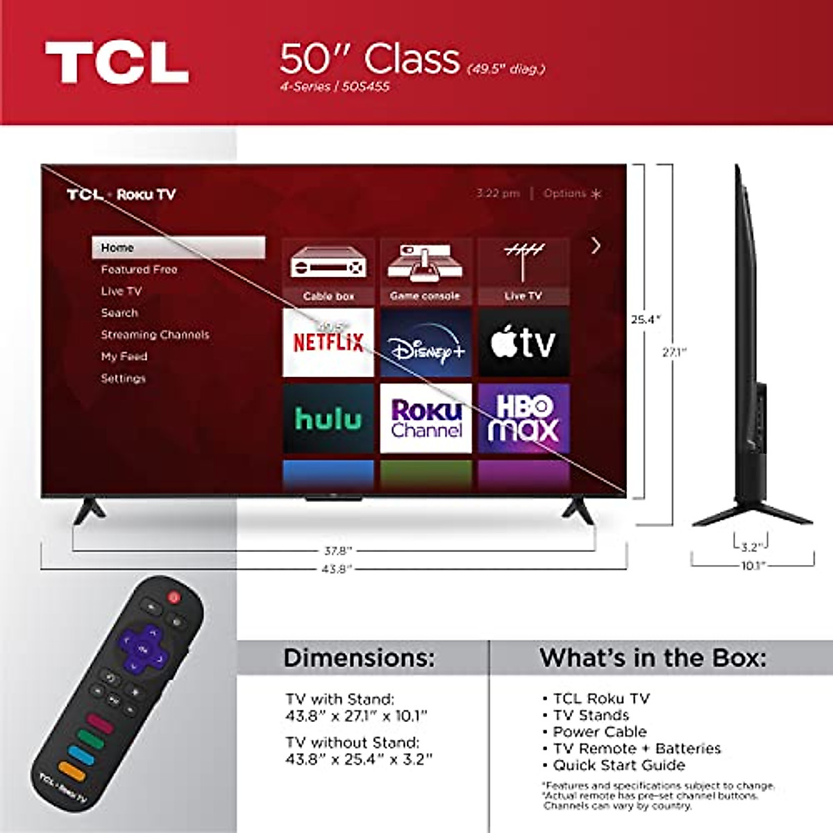 TCL 50" Class 4-Series 4K UHD HDR Smart Roku TV – 50S455 2022, Black