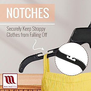 Mainetti 485 Black Plastic Hangers - 10 Pack with Rotating Metal Hook and Notches for Straps, Great for Shirts/Tops/Dresses, 15 Inch