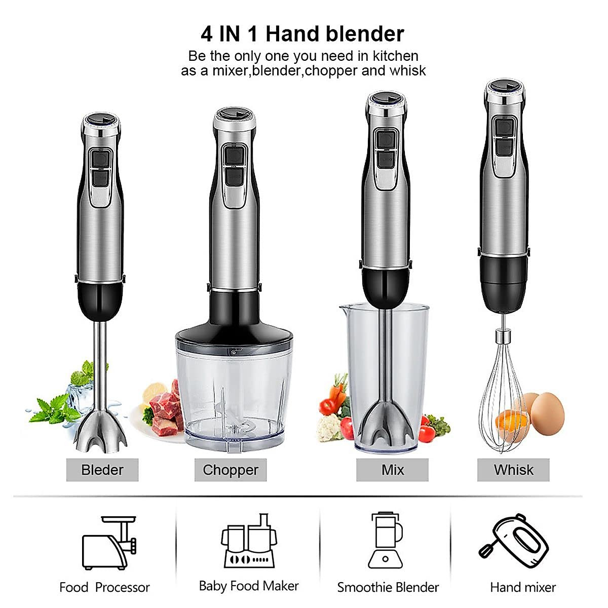 Immersion Multi-Purpose Hand Blender Heavy Duty Copper Motor Stainless Steel Finish Includes Whisk Attachment, Chopper and Smoothies Cup