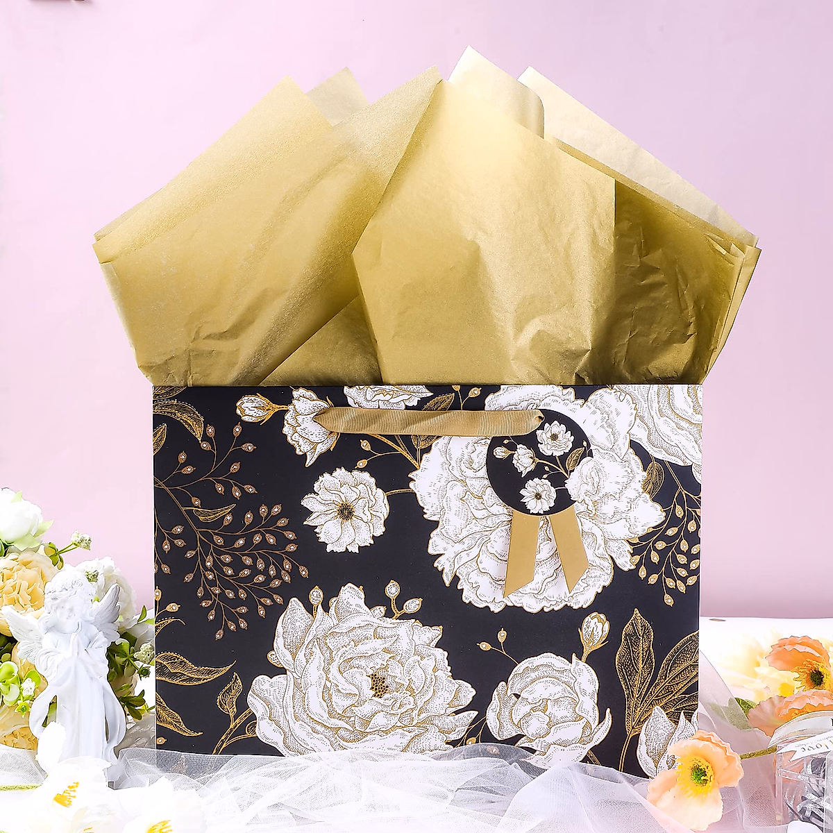 Loveinside Black and Gold Gift Bag Foil Floral with Tissue Paper for Mother's day, Birthday, Valentine's Day, Wedding, Anniversaries, Engagements - 13" x 10" x 5", 1 Pcs